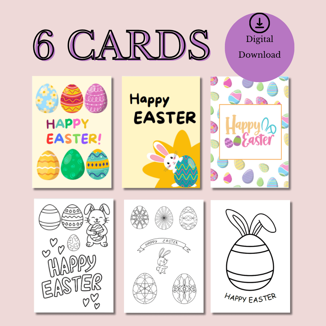 Happy Easter-Themed A5 Printable Card Set – Colored & Coloring Designs ...